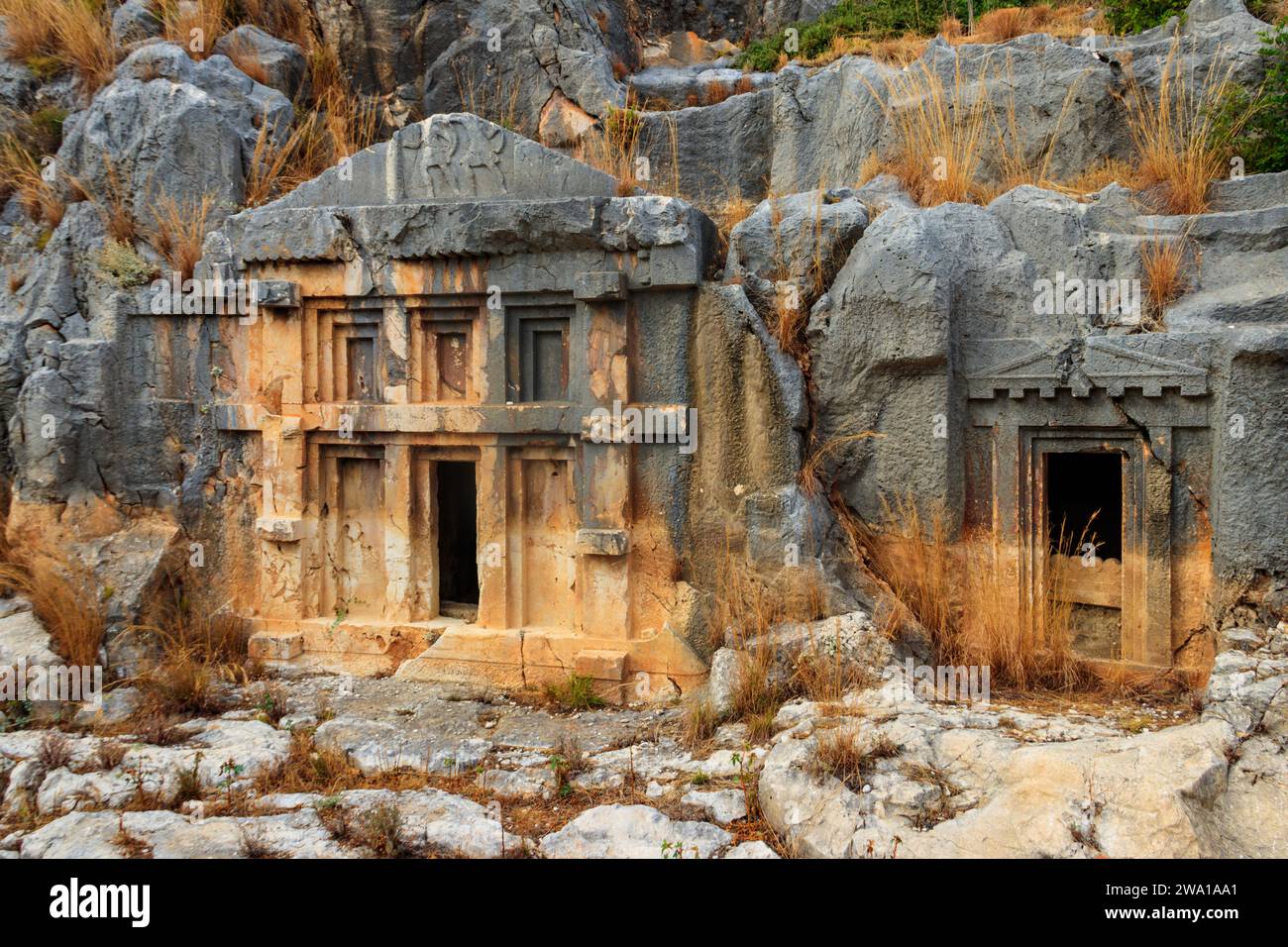 Rock-cut tombs of Lycian necropolis of the ancient city of Myra in ...