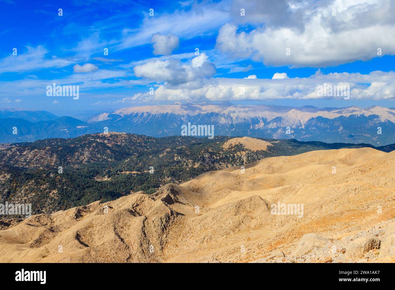 View of the Taurus mountains from a top of Tahtali mountain near Kemer ...
