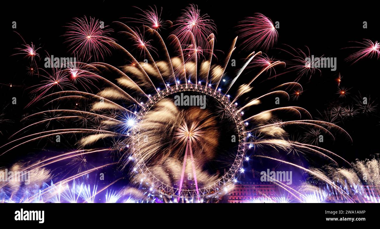 London, Britain. 1st Jan, 2024. Fireworks explode to celebrate the New ...