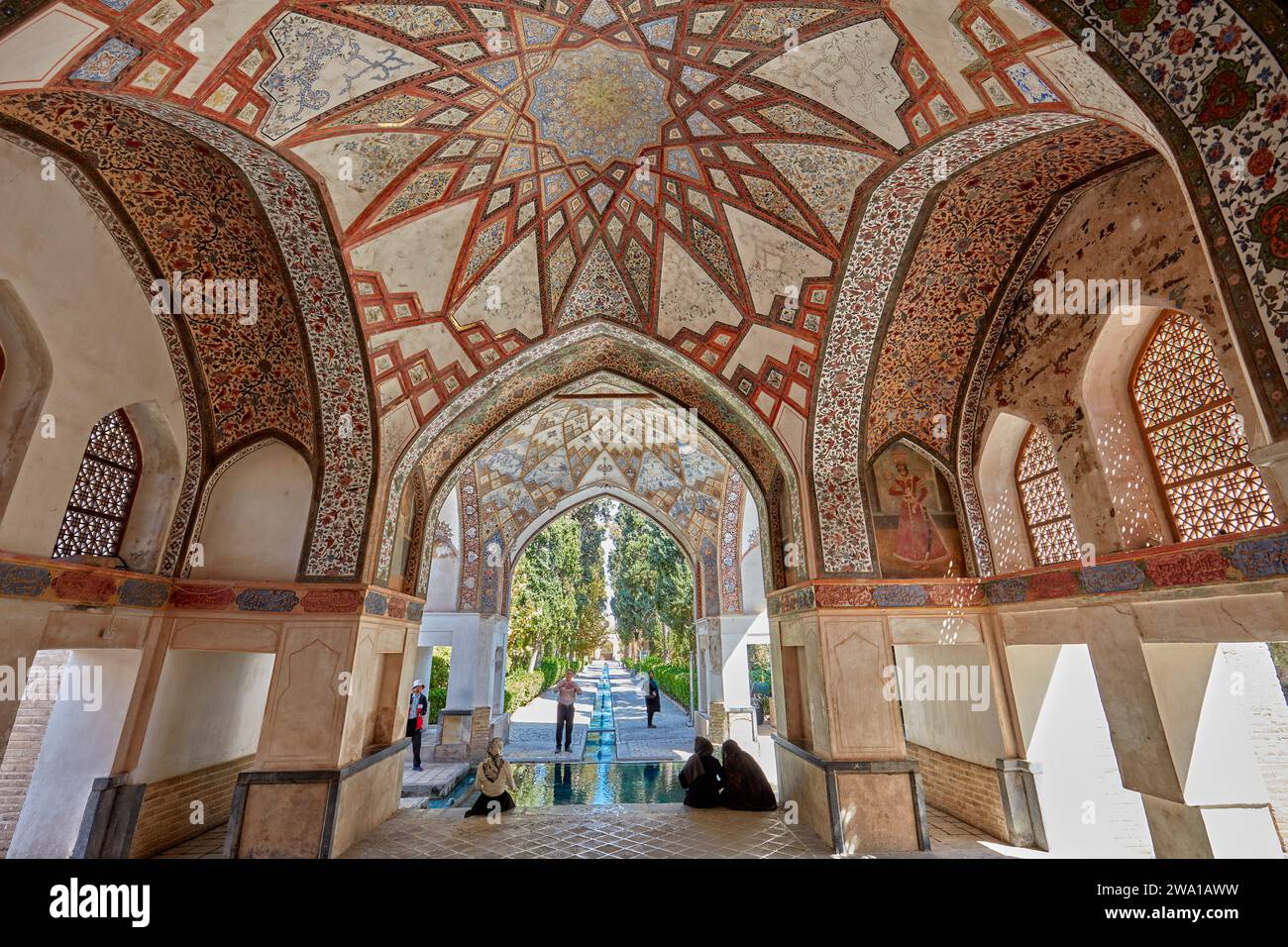 Elaborately painted ceiling of the Qajar Pavilion in the Fin Garden ...