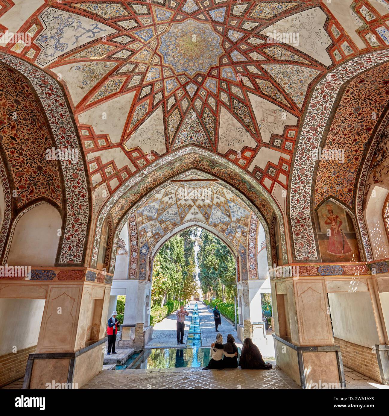 Elaborately painted ceiling of the Qajar Pavilion in the Fin Garden ...