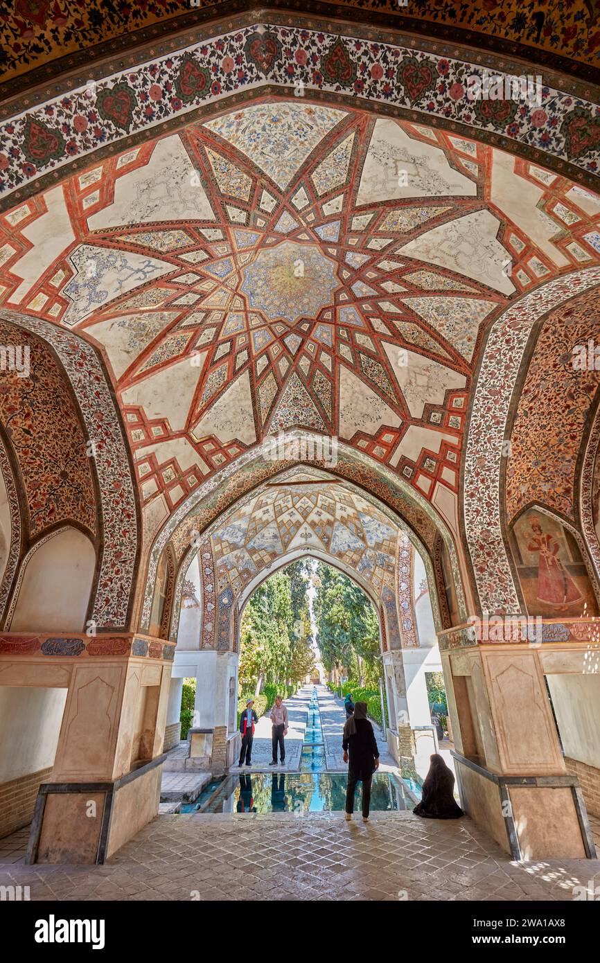 Elaborately painted ceiling of the Qajar Pavilion in the Fin Garden ...