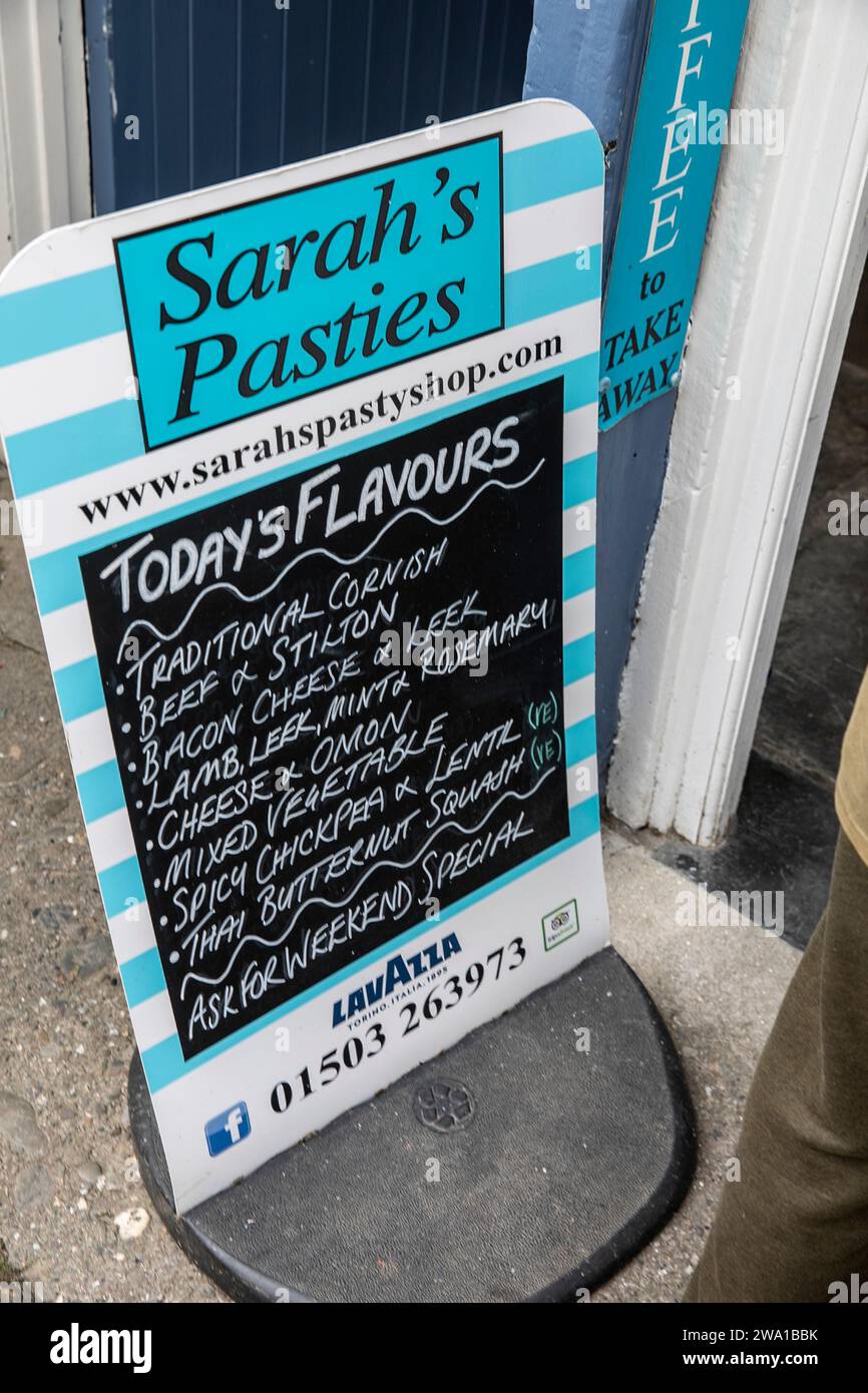 Looe Conwall, street sign for Sarah's Cornish pasties,England,UK,2023 ...