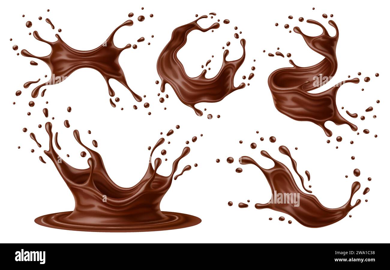 Realistic chocolate milk splash waves with drops, choco drink crowns ...