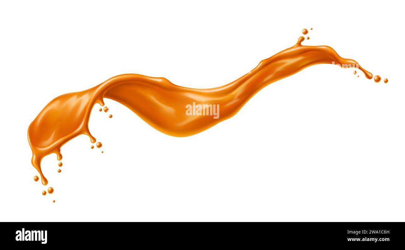 Caramel syrup splash, sauce wave swirl. Isolated golden flow with drops ...