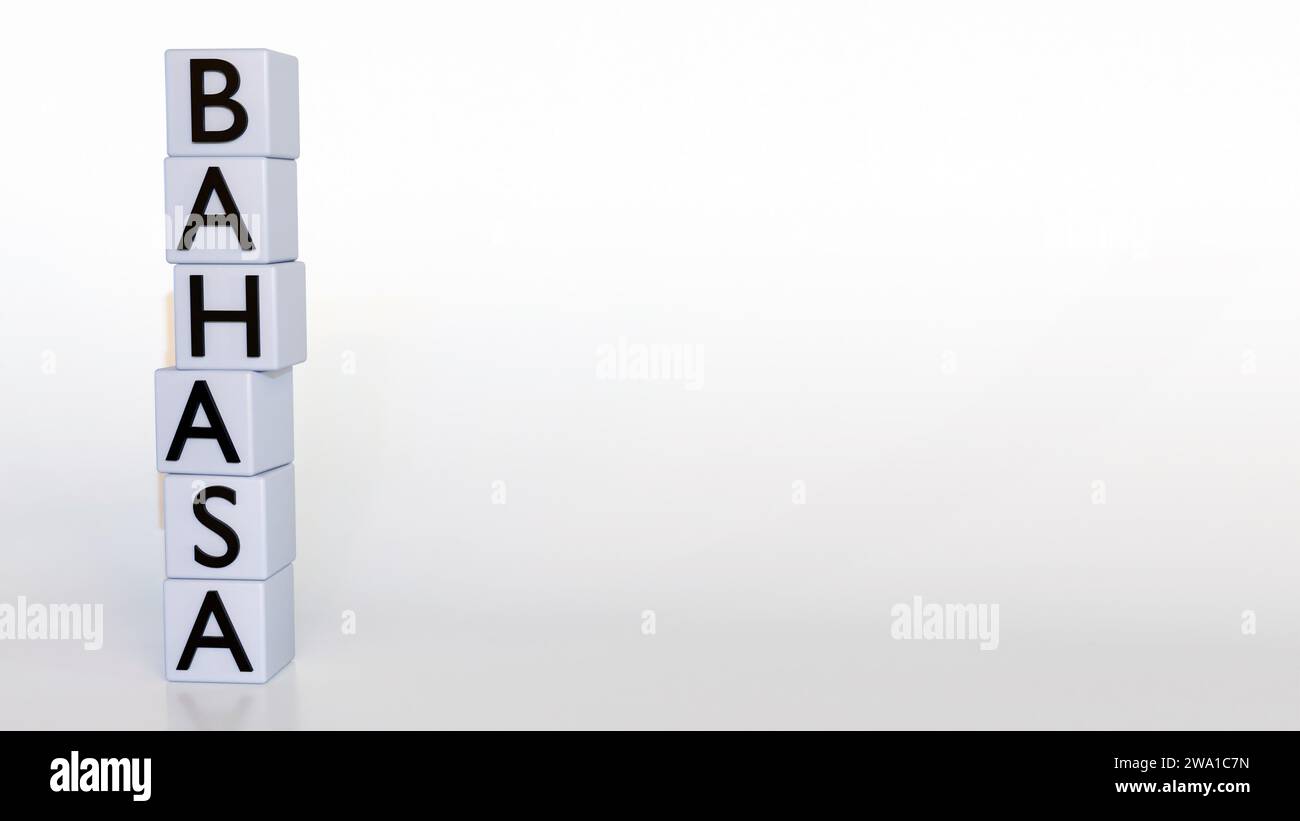 3D rendering of Bahasa words written on dice against a white background ...