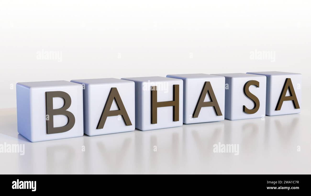 3D rendering of Bahasa words written on dice against a white background ...