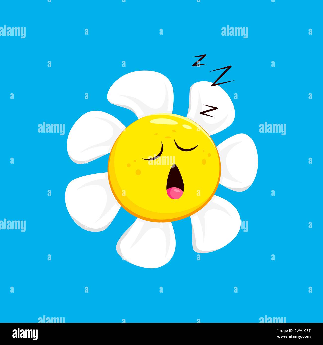 Cartoon chamomile, daisy flower character with sleepy face emotion. Isolated vector peaceful ...
