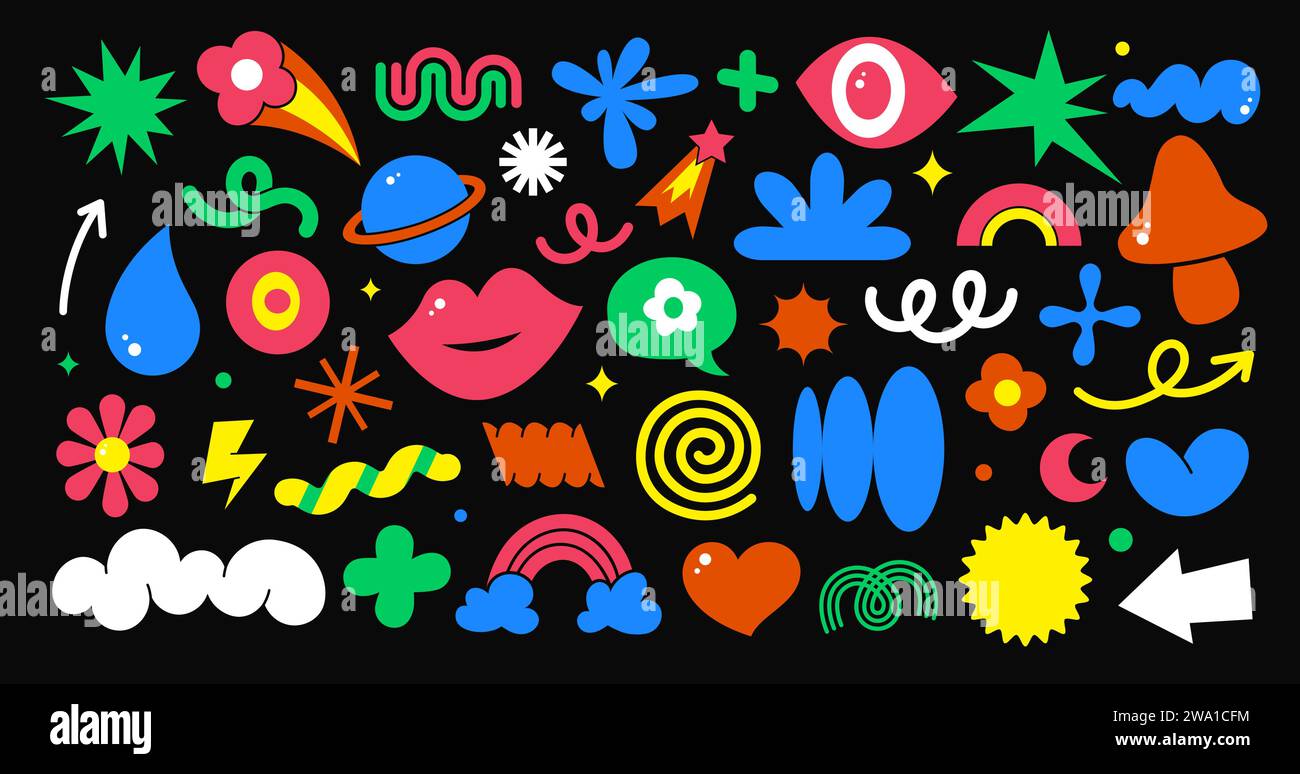 Groovy shapes, abstract elements vector set. Star, flower, cloud and ...