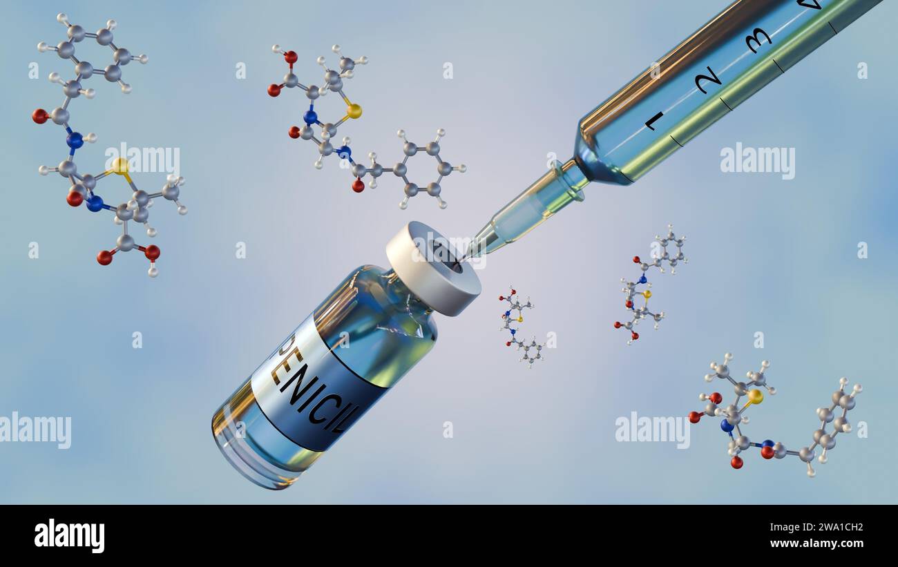 3D rendering of penicillin G or Benzilpenisilin molecules with medical ...