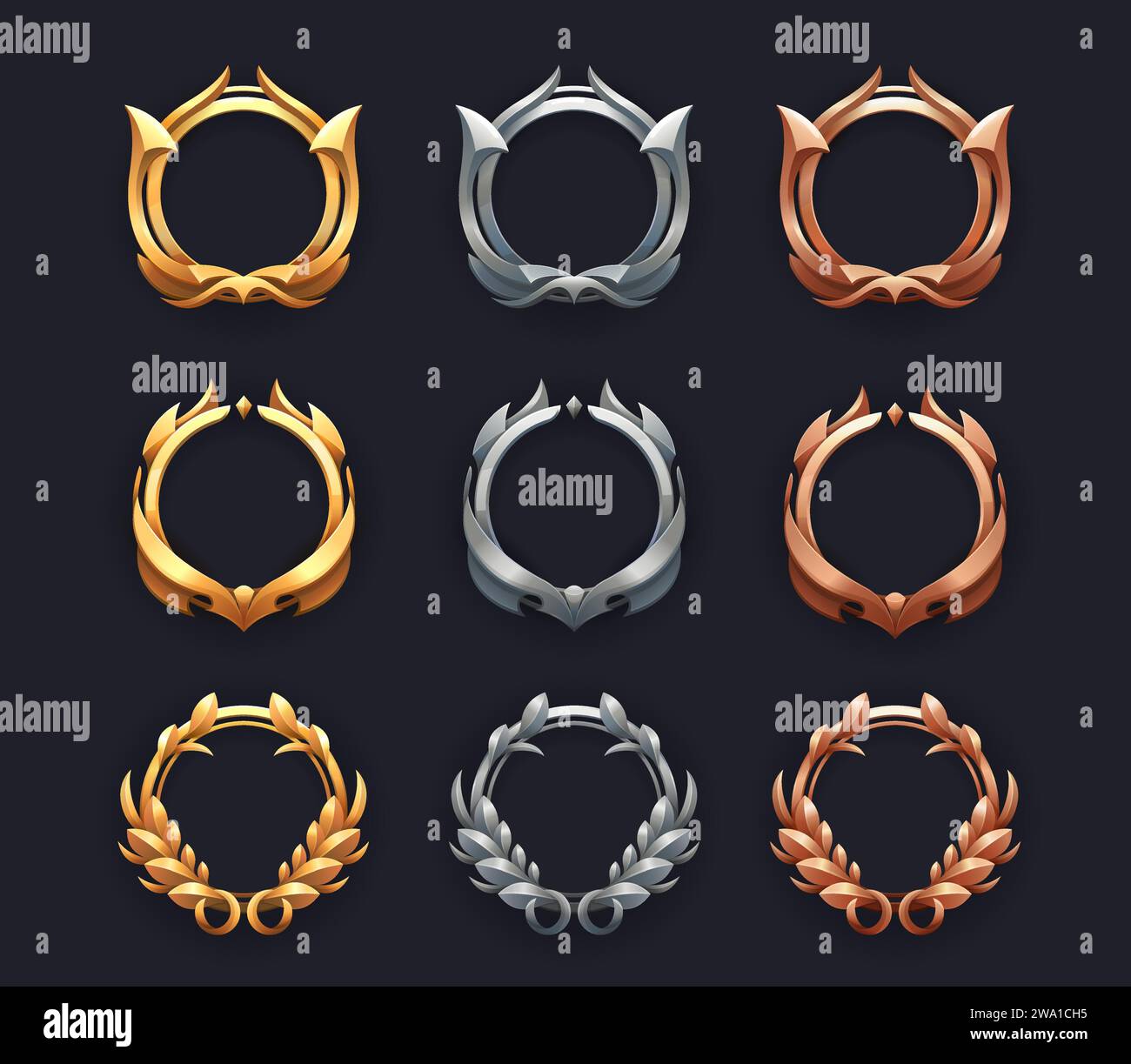 Golden, silver and bronze metal game level rank frames. Vector set of ui round borders for ...