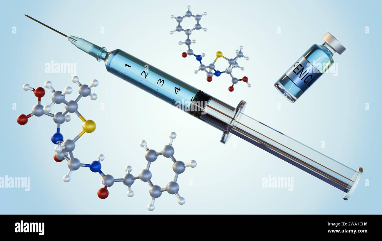 3D rendering of penicillin G or Benzilpenisilin molecules with medical ...