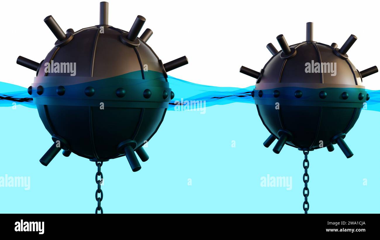 A 3D rendering of a sea mine, also known as a naval mine, depicts a ...