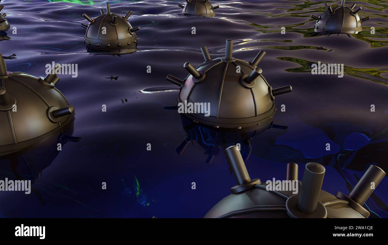 A 3D rendering of a sea mine, also known as a naval mine, depicts a ...