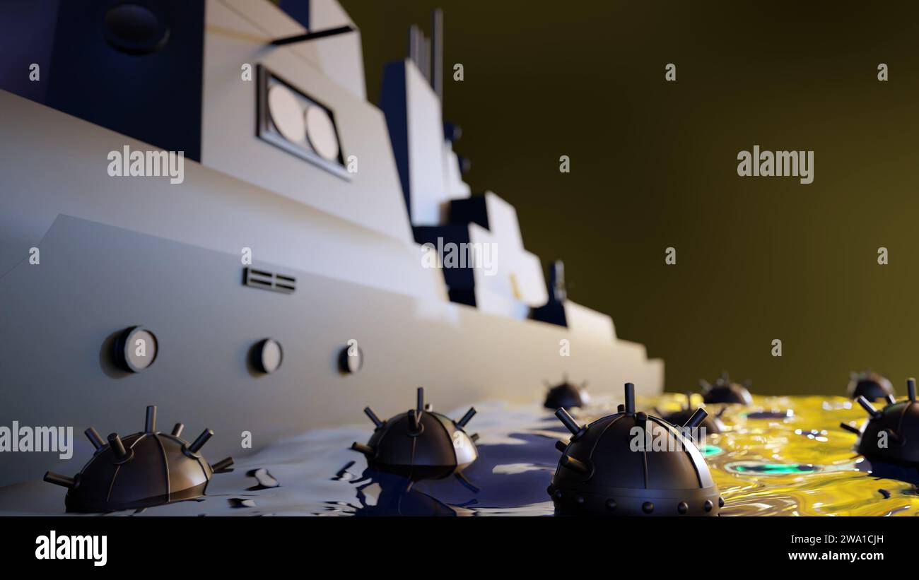 A 3D rendering of a sea mine, also known as a naval mine placed in ...