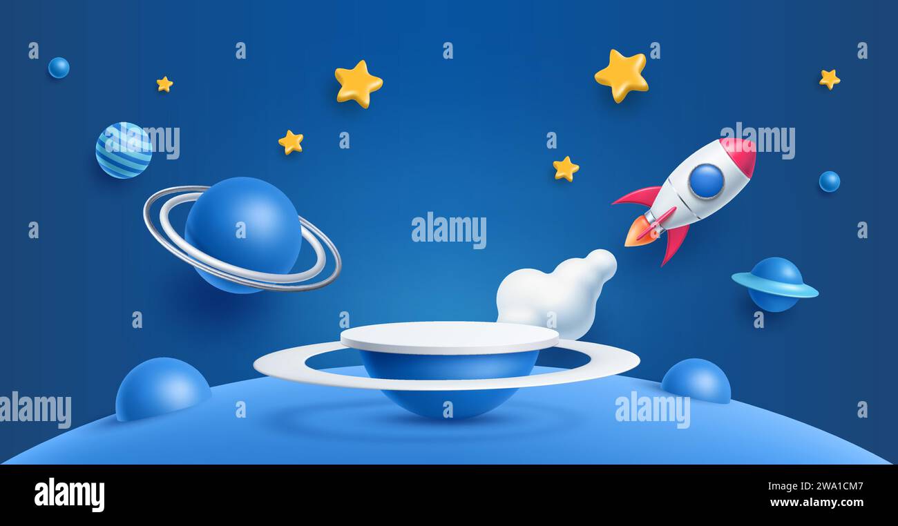 3D kid podium stage with space rocket, galaxy planets and stars, vector ...