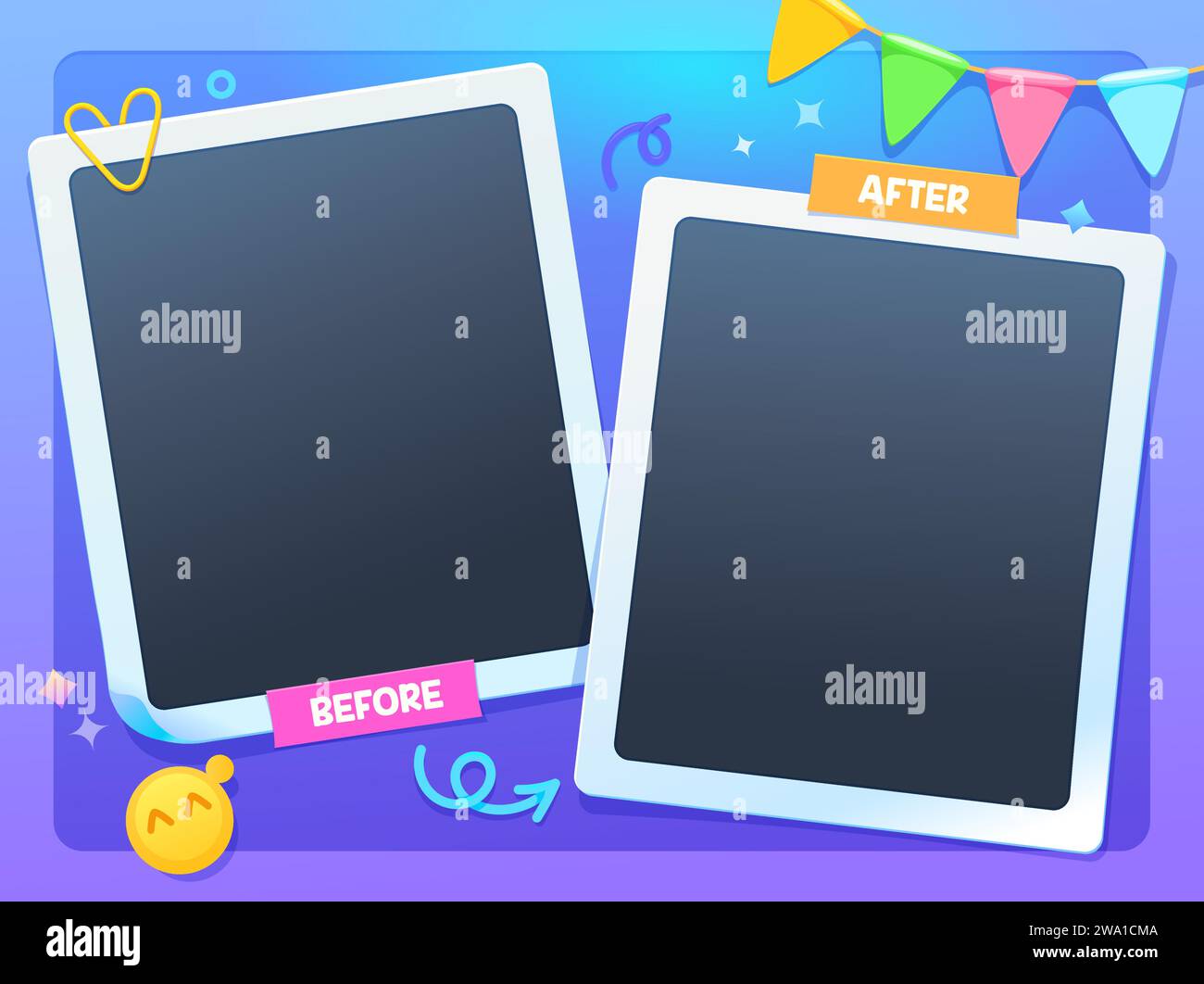 Before and after template with photo frames on paper clip, vector ...