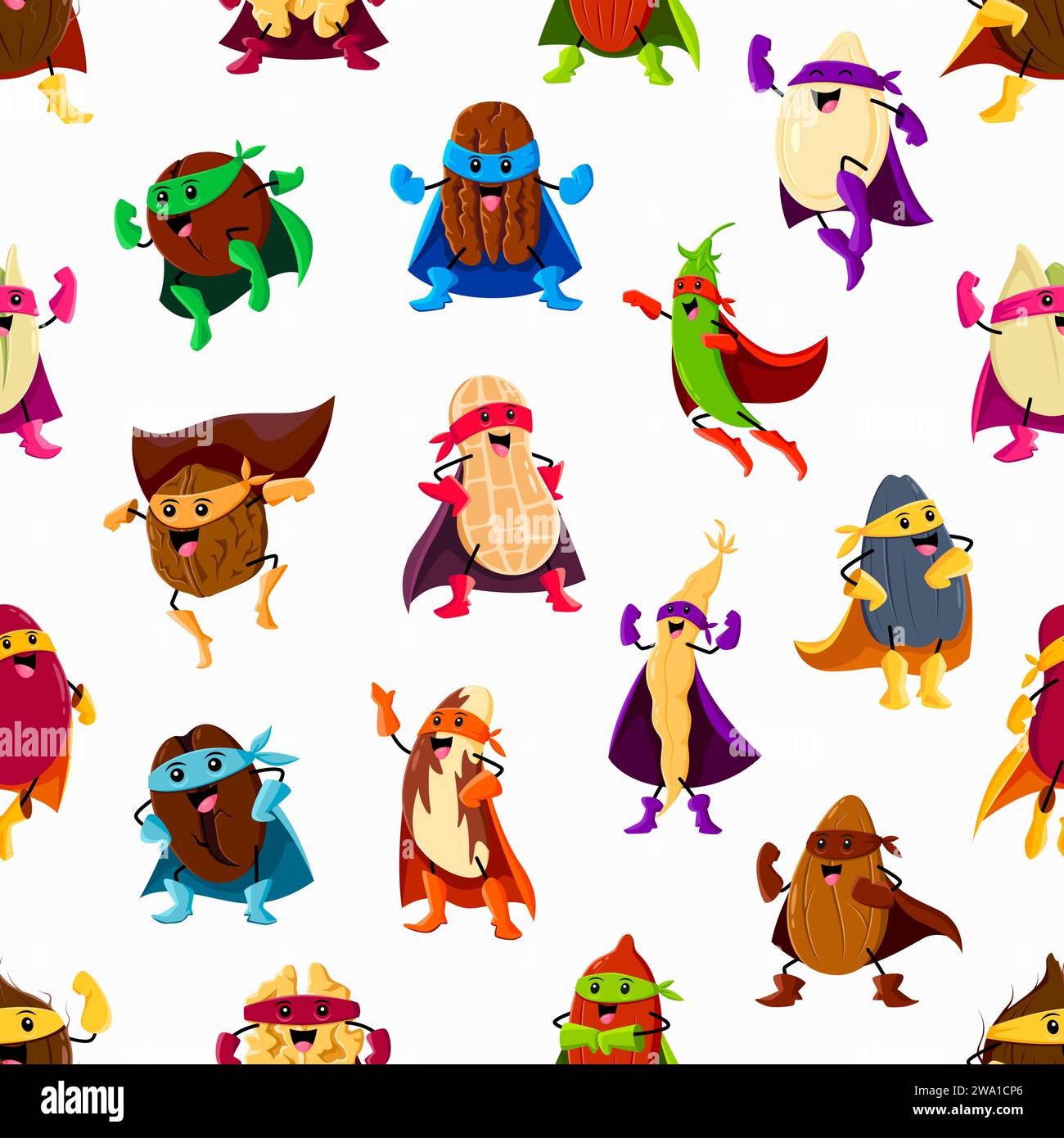 Cartoon nuts, bean and legume superhero characters seamless pattern ...