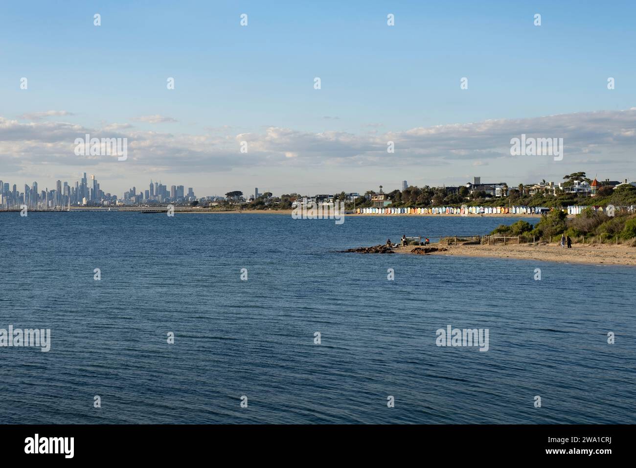 Hobson Bay skyline with colorful beach houses and Melbourne's CBD ...