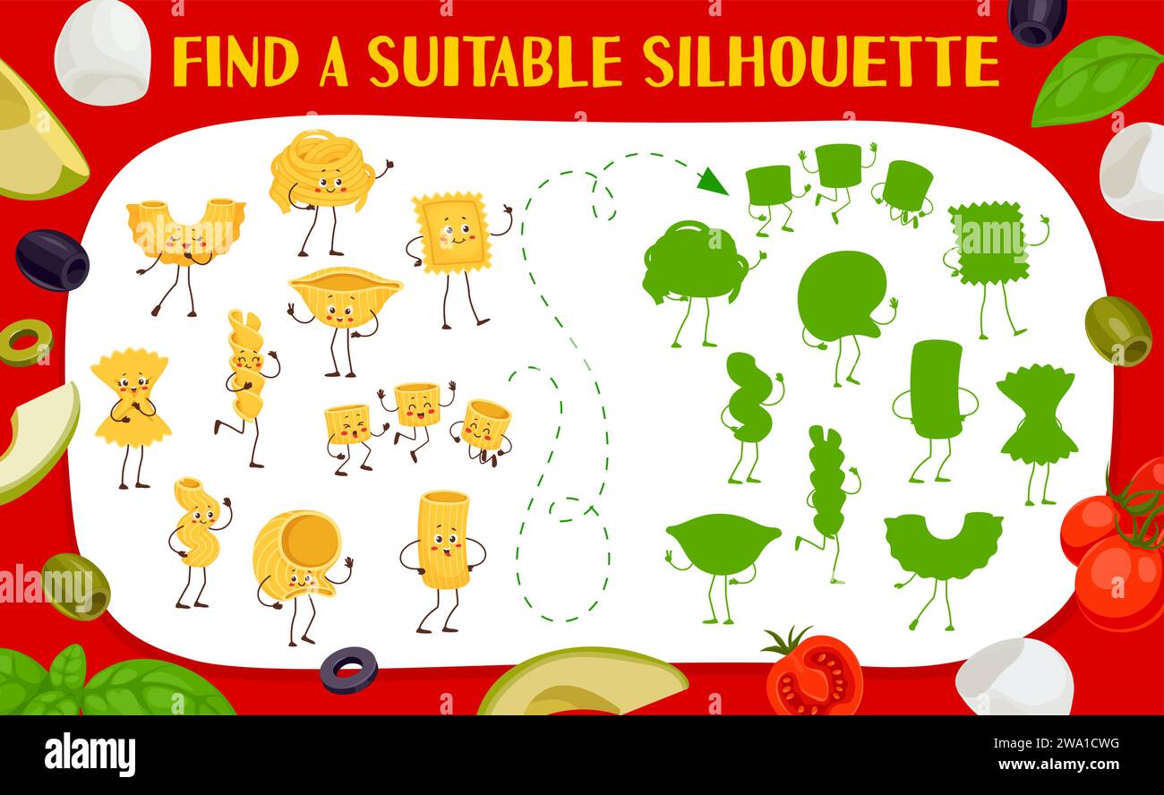 Find a shadow of funny italian pasta characters kids game puzzle ...