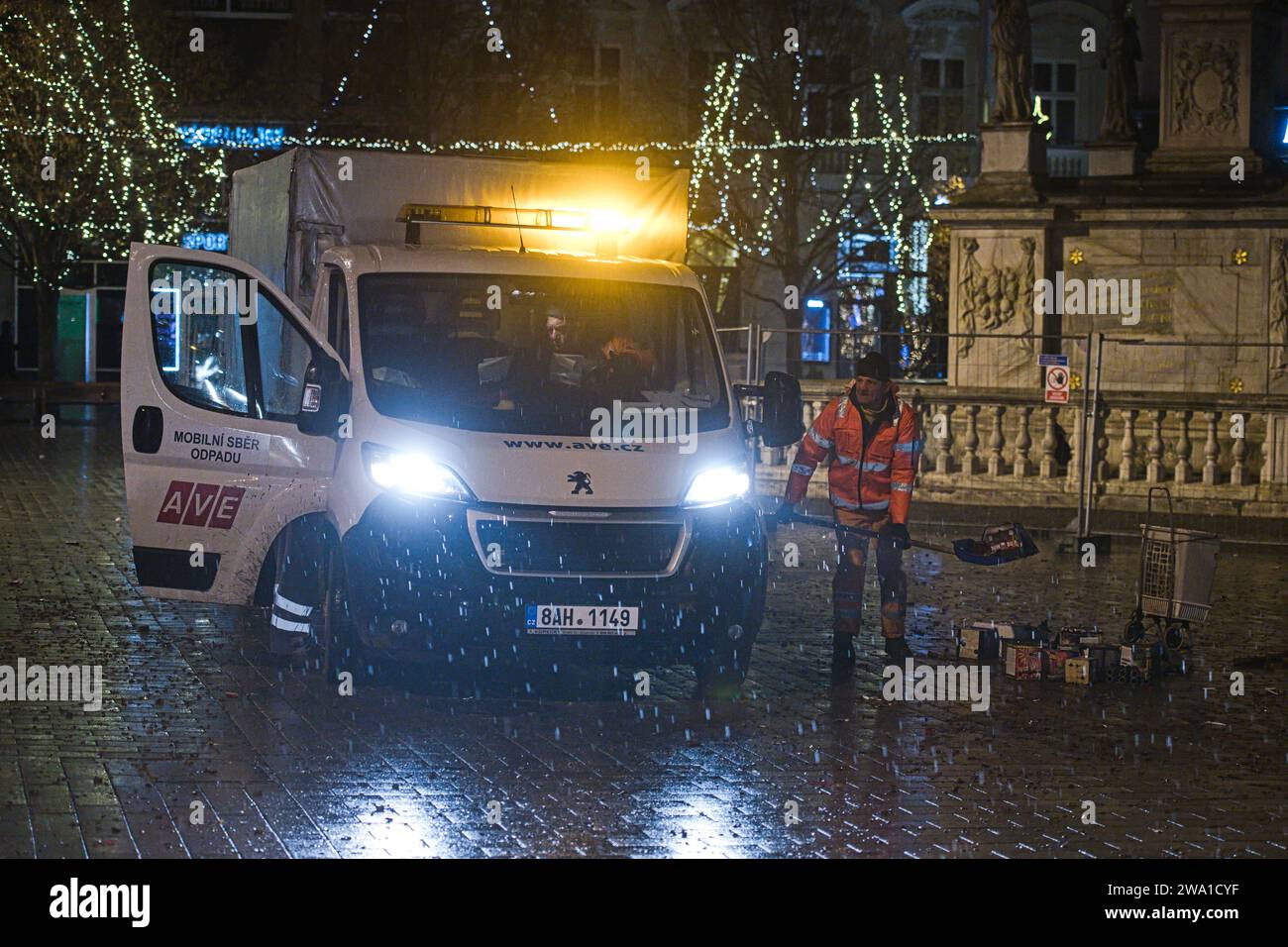 Brno, Czech Republic. 01st Jan, 2024. Cleaning up after New Year's Eve ...