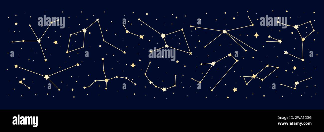 Galaxy star constellation border with zodiac signs in night sky map ...
