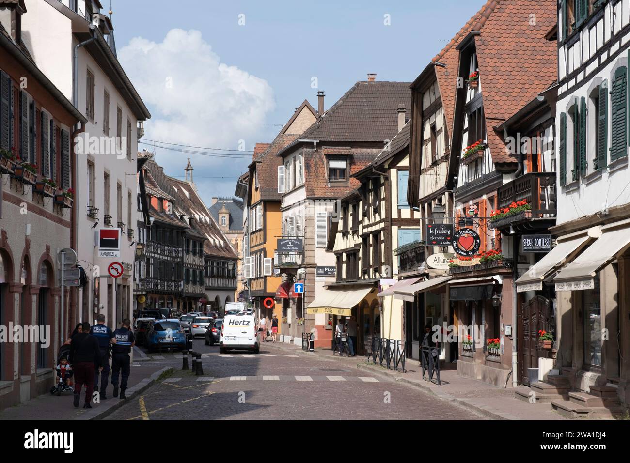 Cityscape with traffic in the Rue du Général Gouraud in Obernai, Alsace ...
