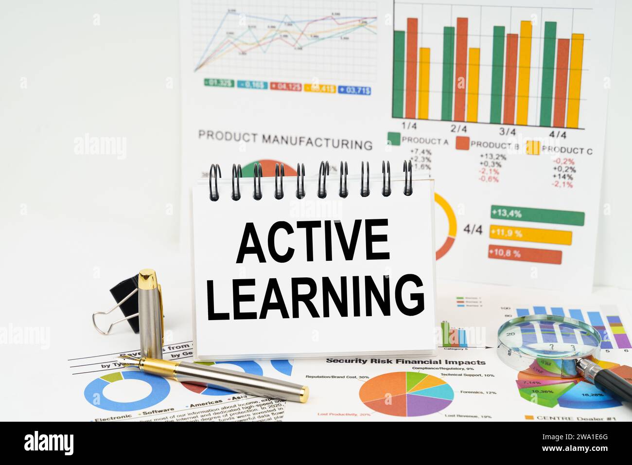 Business concept. On the table are reports with graphs and a notepad ...