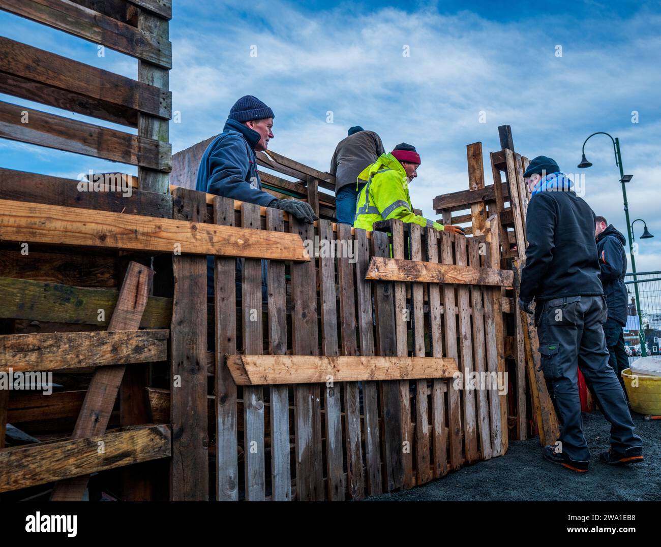Building the traditional Biggar hogmanay bonfire in South Lanarkshire ...