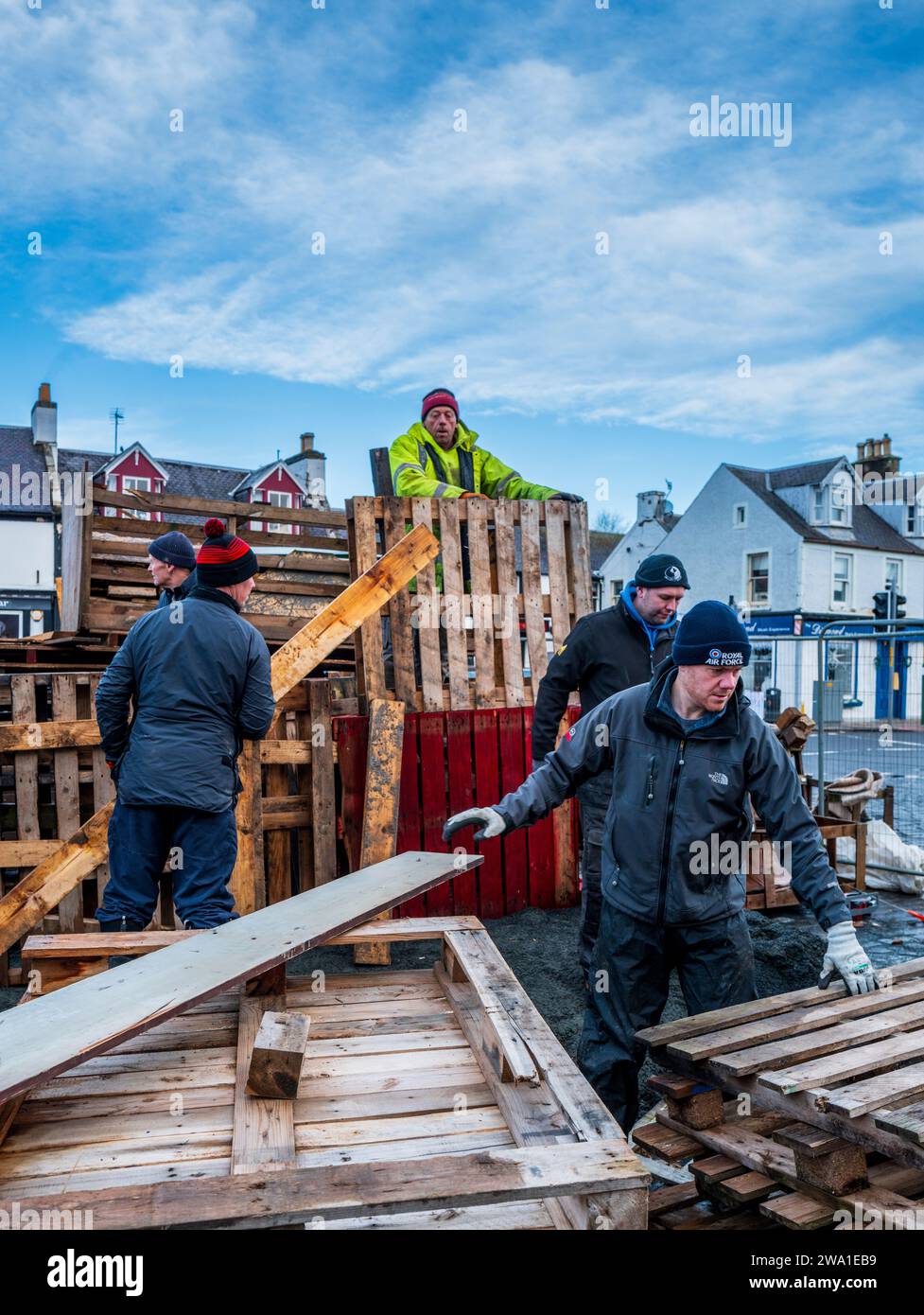 Building the traditional Biggar hogmanay bonfire in South Lanarkshire ...