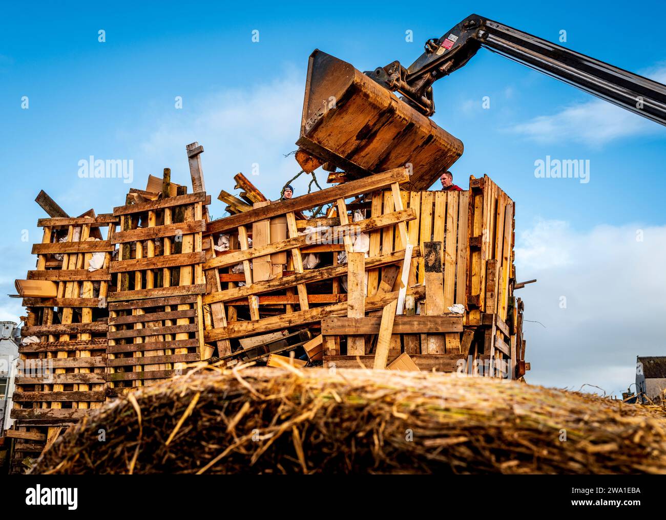 Building the traditional Biggar hogmanay bonfire in South Lanarkshire ...