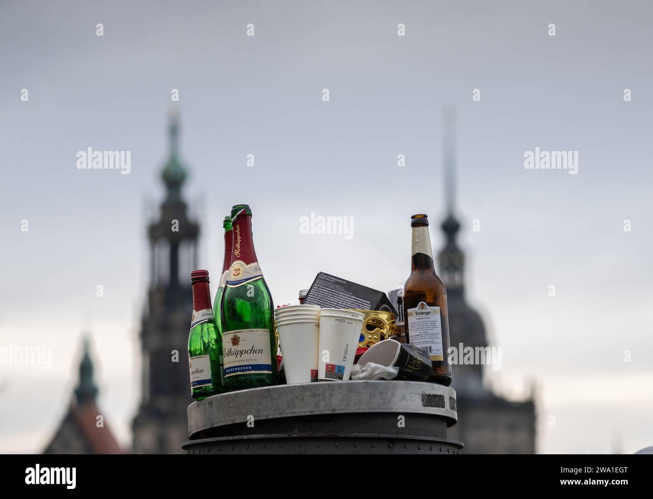Dresden, Germany. 01st Jan, 2024. Champagne bottles, a beer bottle ...