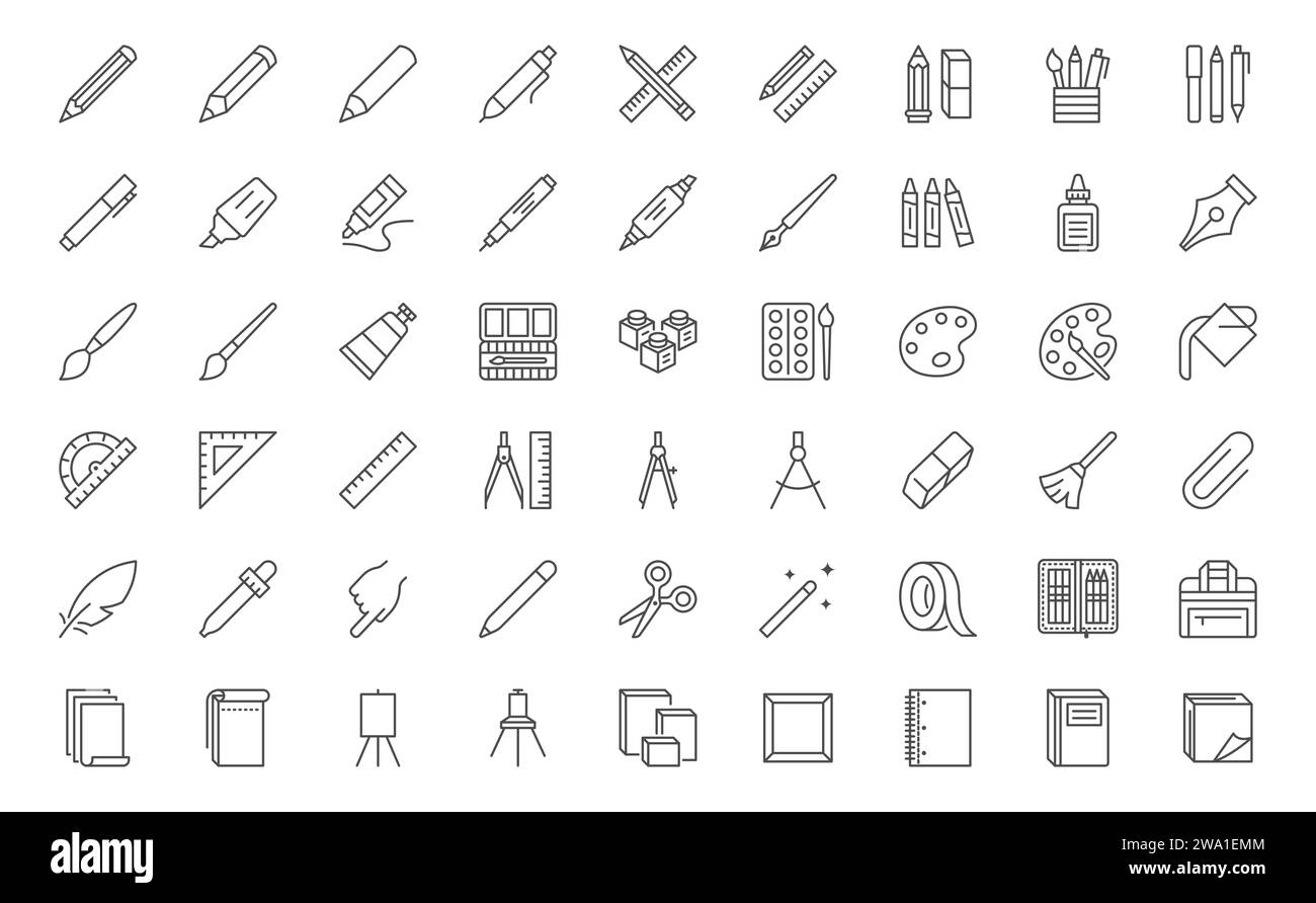 Drawing tools line icon set. Pencil, ruler, eraser, liner marker ...