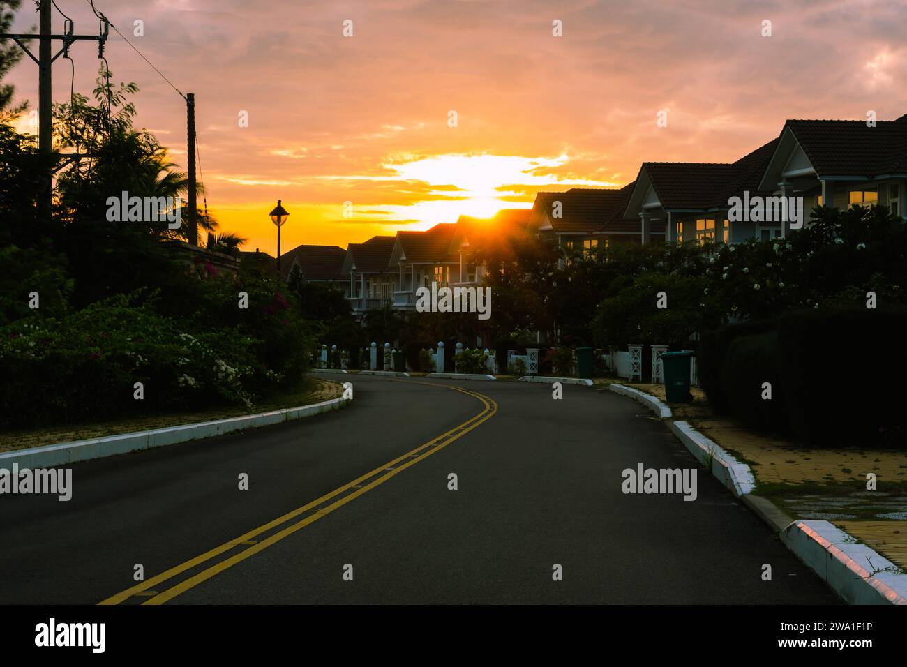 Modern cottages row road sidewalk two story buildings residential ...