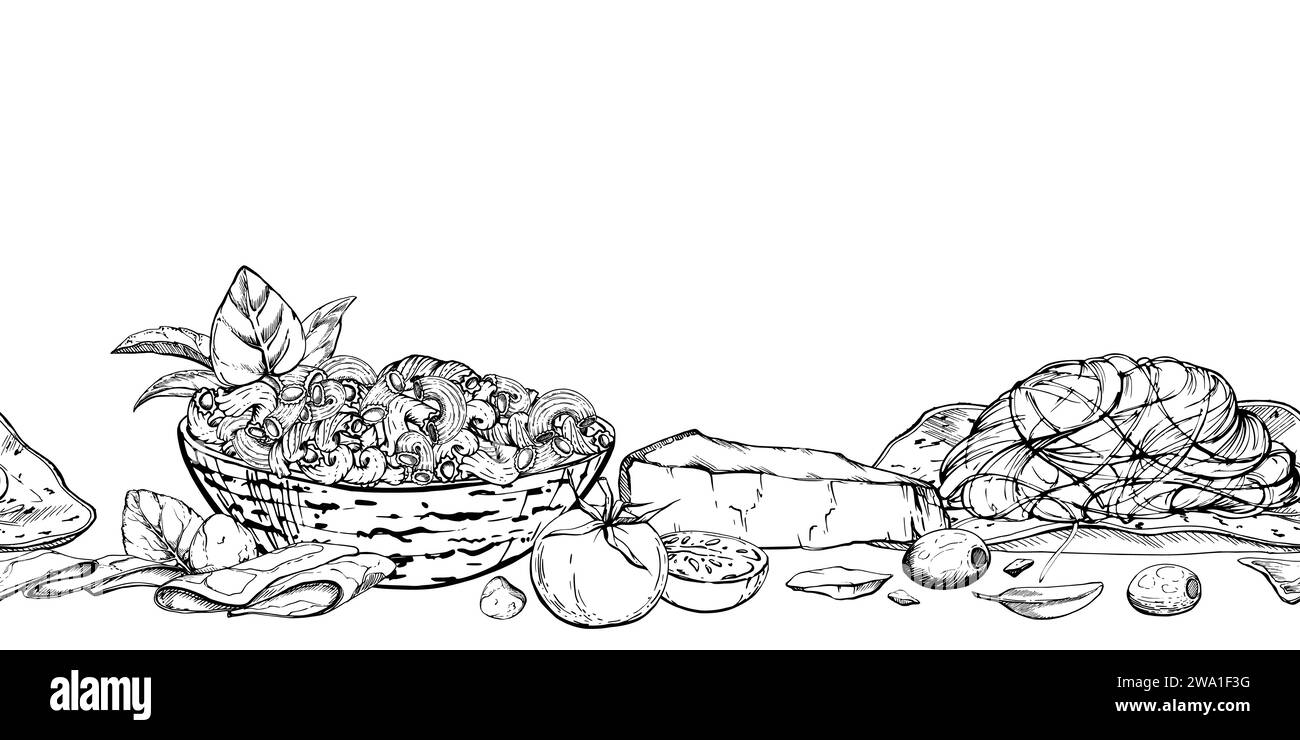 Hand drawn vector ink illustration. Pasta Italian cuisine dish ...