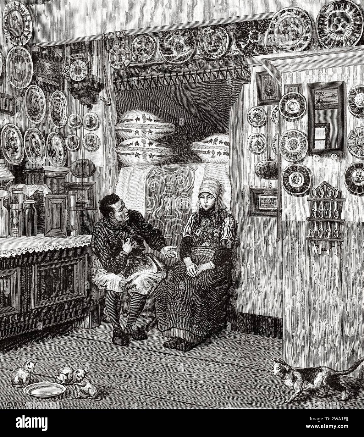 Man and woman inside a traditional house in Marken, Zuiderzee , Holland ...