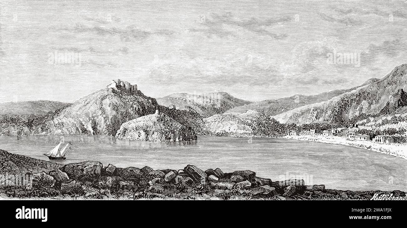 Bay and ruins of the castle of Palaiochora village, old capital of ...