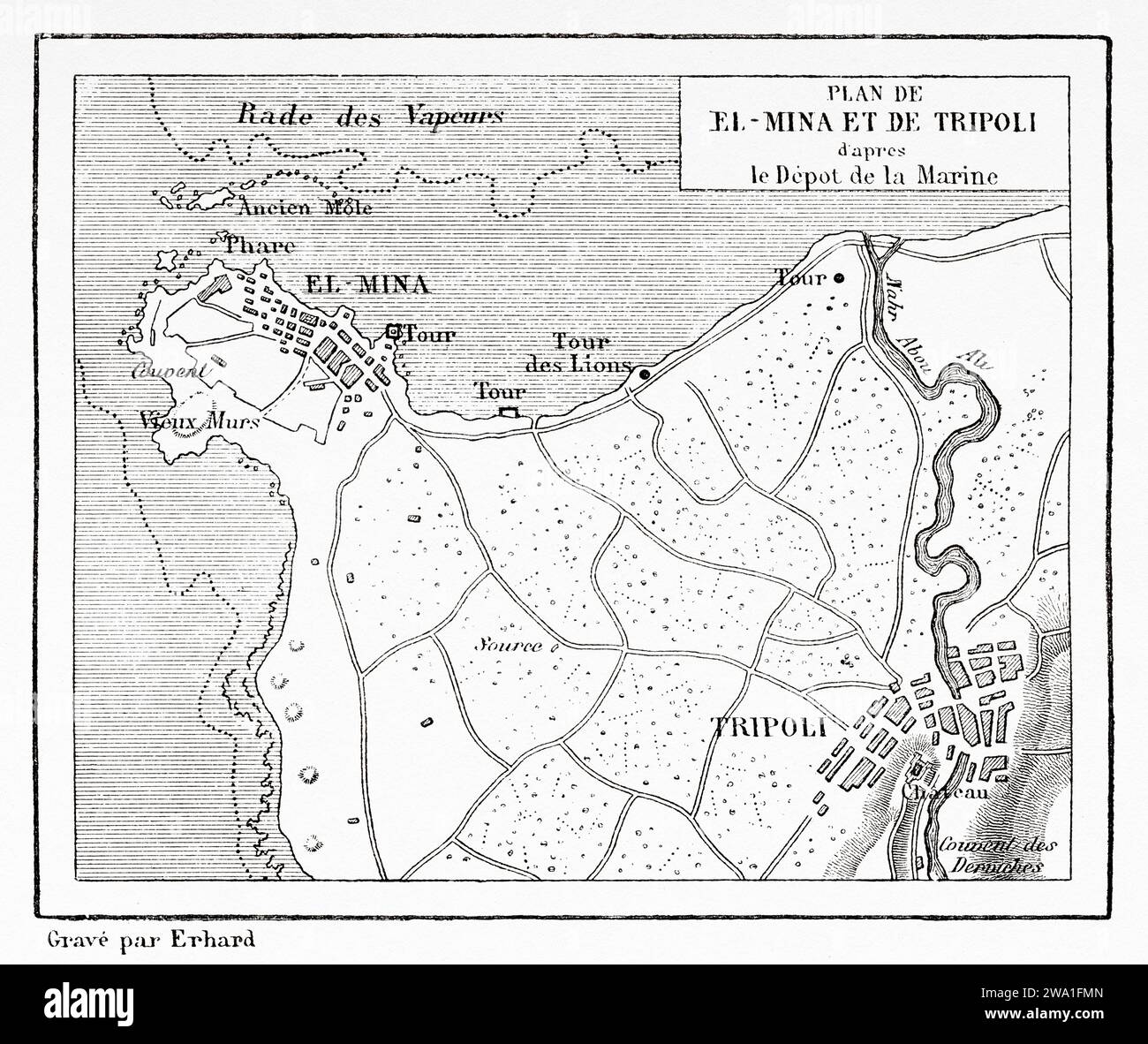 El Mina old map, coastal independent town in Tripoli. Occupies the ...