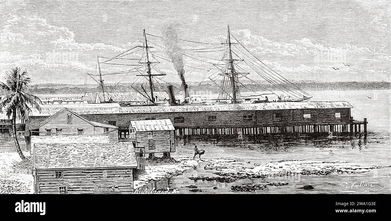 Old pier of the Panamanian city of Colon, Republic of Panama. Central ...