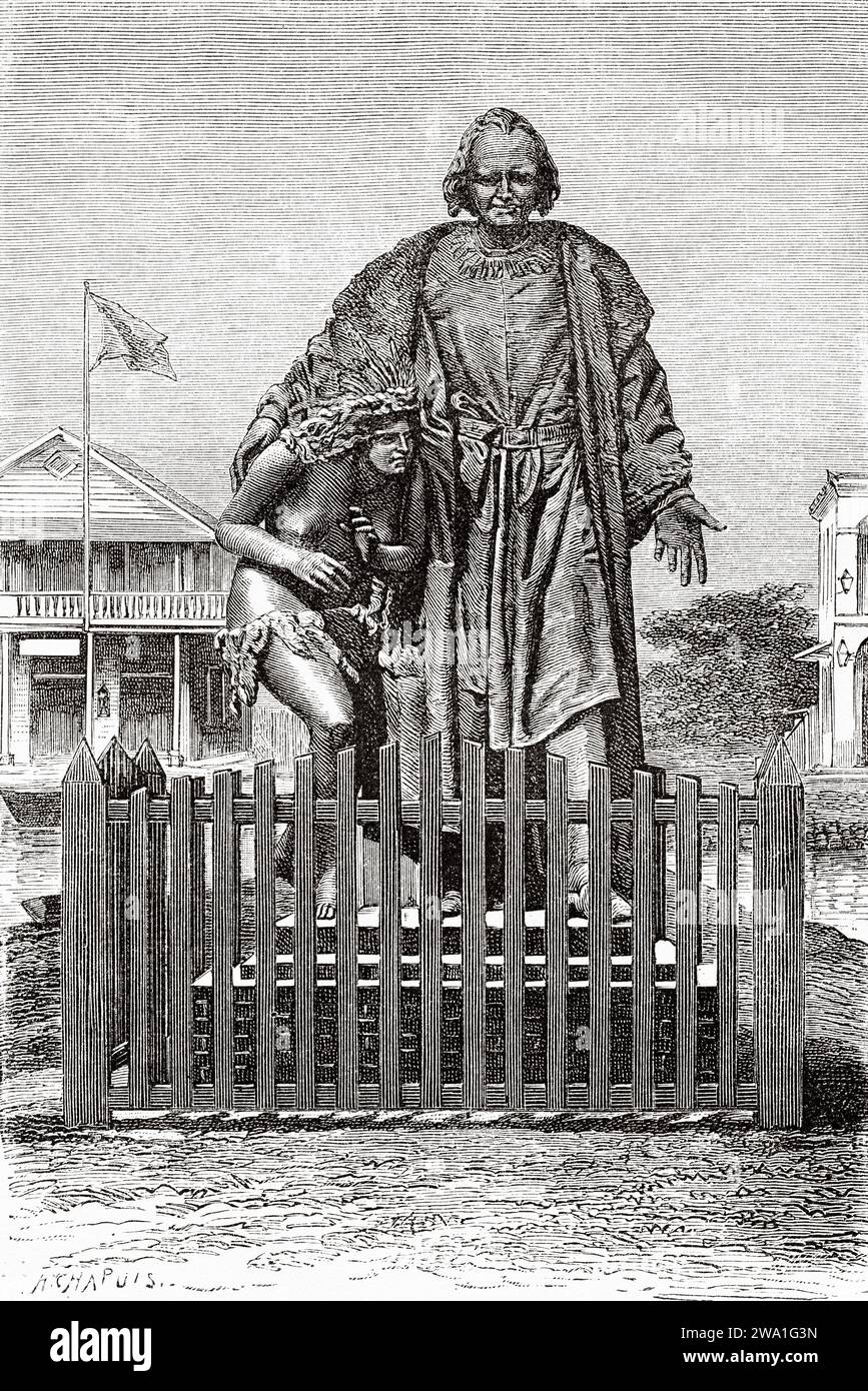 Statue cast in bronze depicting Columbus, his extended right hand ...