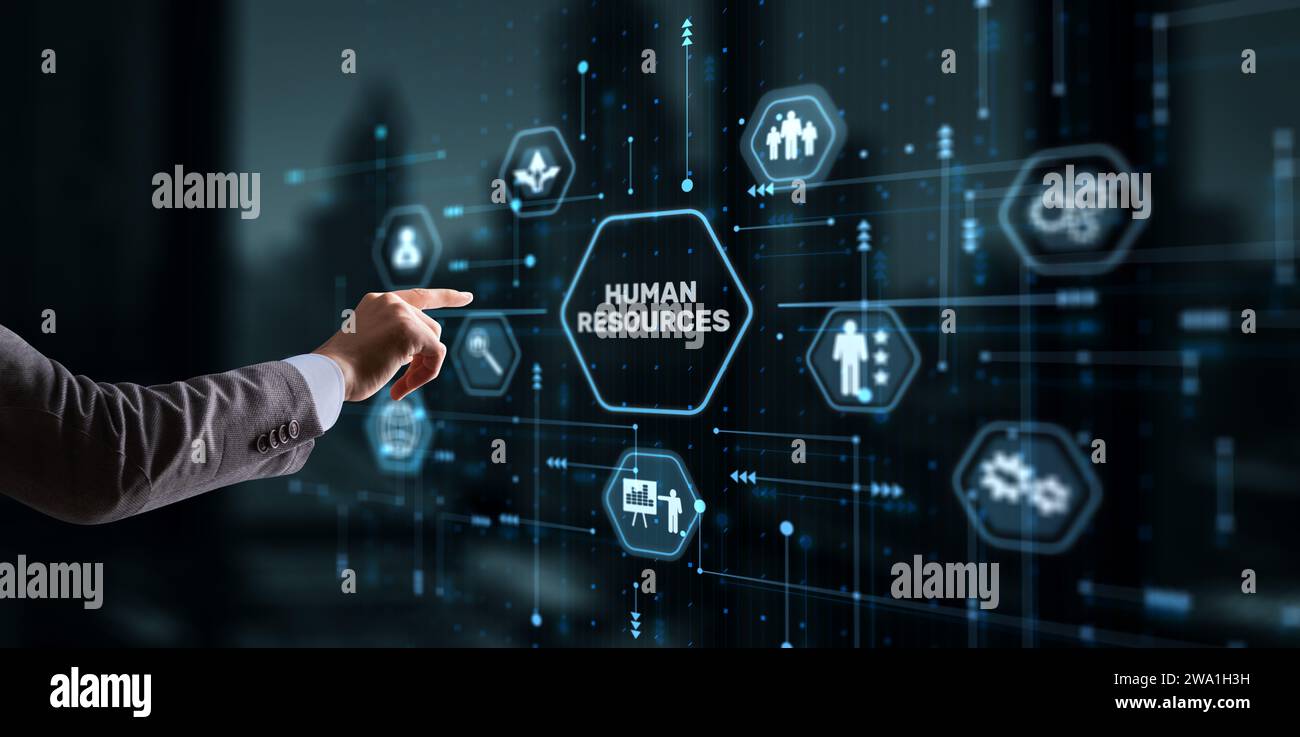 Human Resources HR management Recruitment Concept. Businessman clicks ...