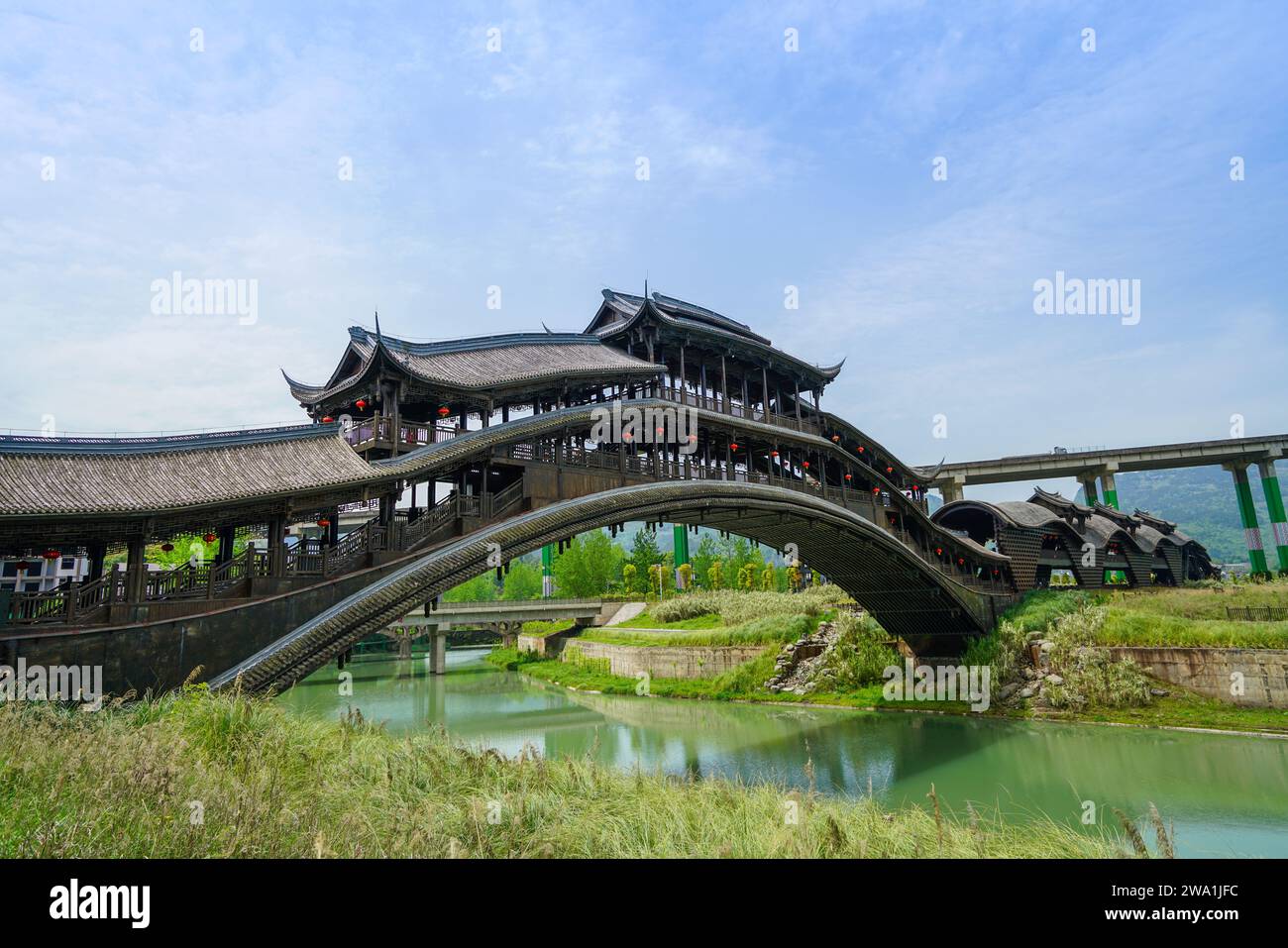The "Fengyu Bridg" made of wood and the modern cement viaduct. Zhoushui ...