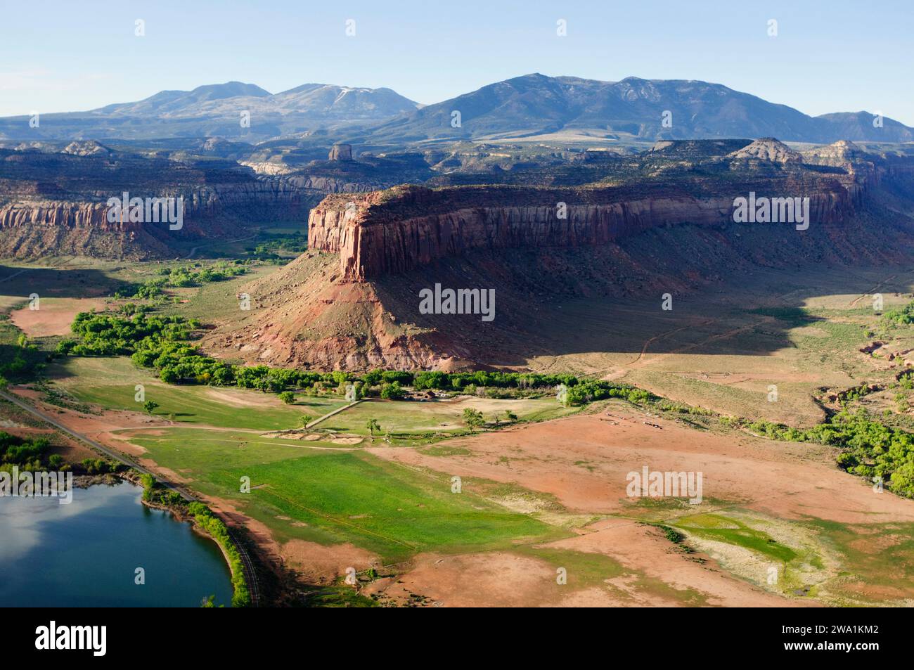 Aerial scenic of Indian Creek area and a ranch near Canyonlands NP, UT ...