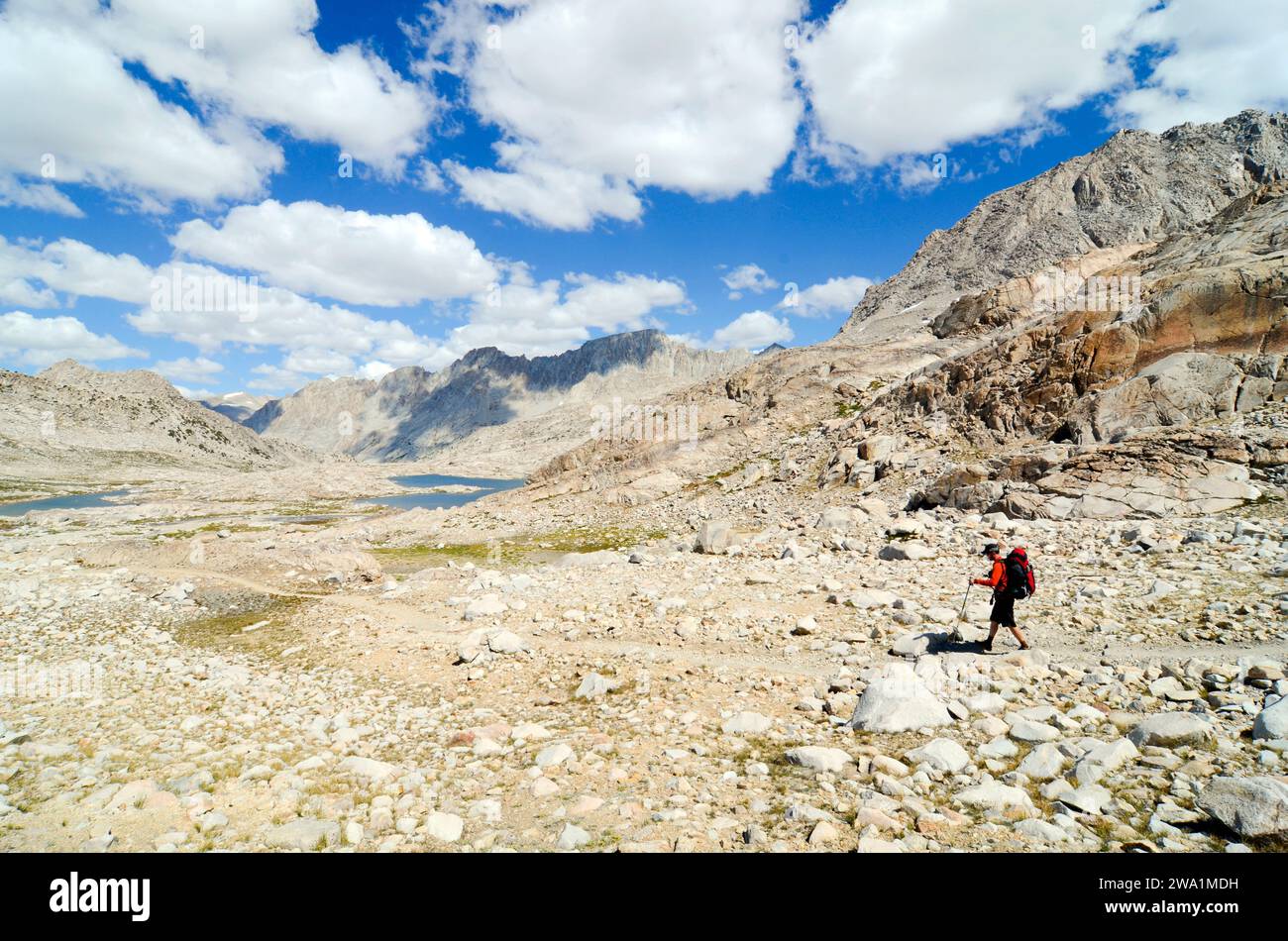 A backpacker walks on the John Muir Trail through Evolution Basin while ...