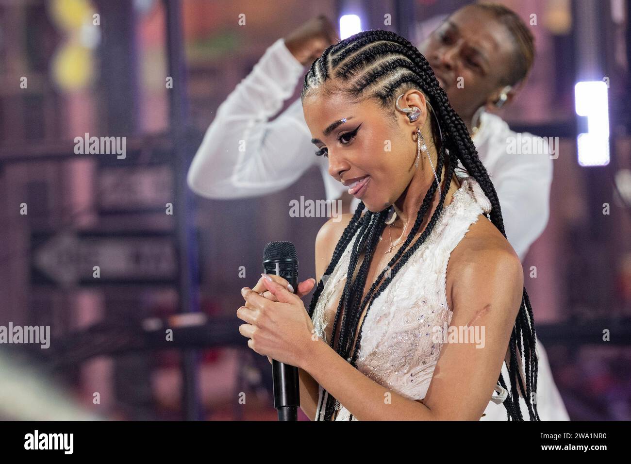 New York, United States. 31st Dec, 2023. Tyla performs on stage during ...