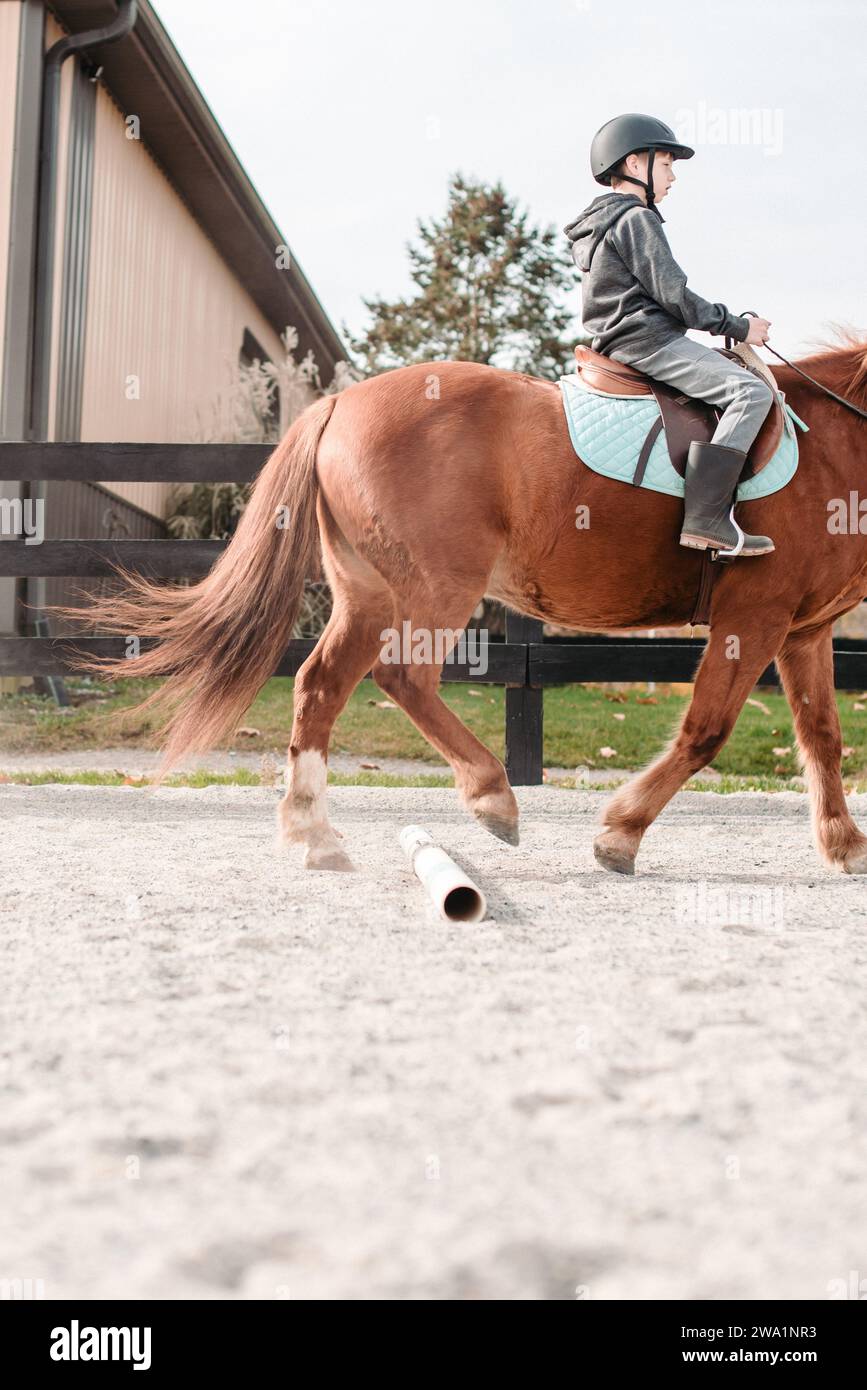 Low side shot of young boy riding chestnut pony outside Stock Photo - Alamy