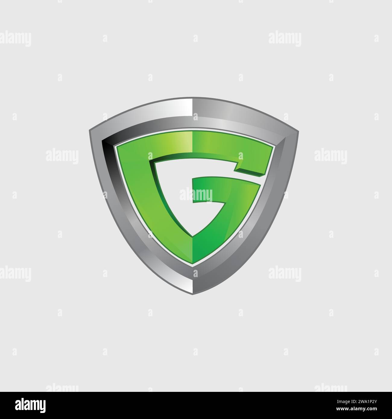 A logo featuring a metallic shield with a letter G in green and a ...