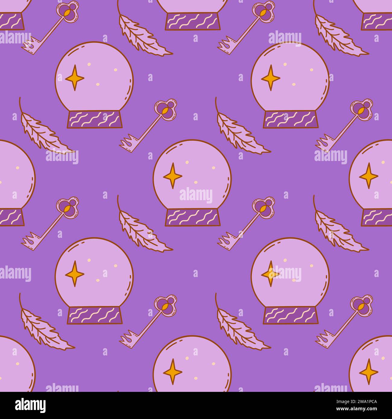 Seamless pattern with crystal magic ball, bird feather and master key ...