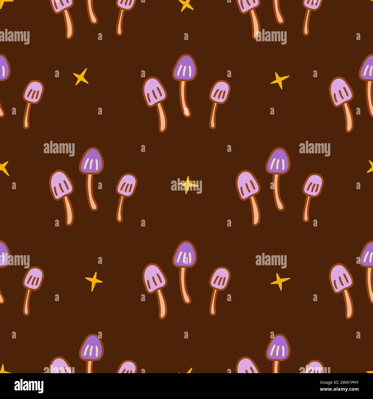 Seamless pattern with edible purple mushrooms on thin stalk and stars ...