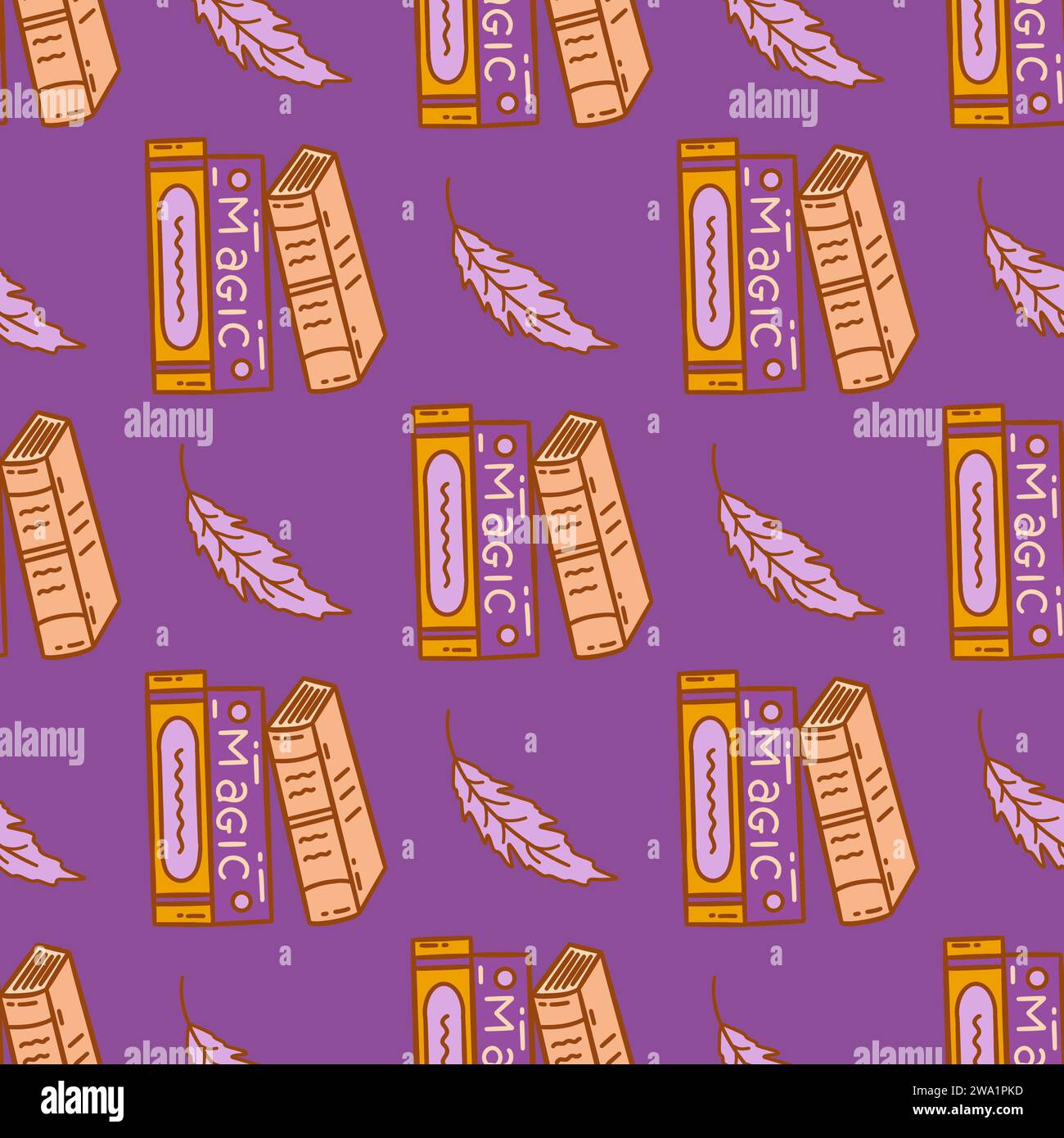 Seamless pattern. Stack of books and feather on purple background ...